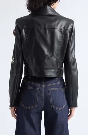 Cinq À Sept Genevieve Baroque Patches Faux Leather Moto Jacket