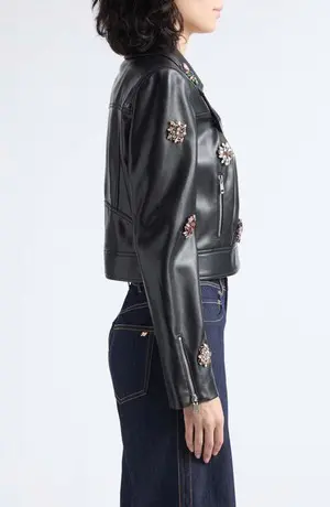 Cinq À Sept Genevieve Baroque Patches Faux Leather Moto Jacket
