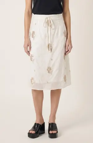 MODENAIRE Sequin Embellished Midi Skirt With Drawstring Waist - White