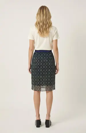 MODENAIRE Geometric Print Chiffon Midi Skirt With Draped Asymmetric Side Panel