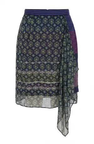 MODENAIRE Geometric Print Chiffon Midi Skirt With Draped Asymmetric Side Panel