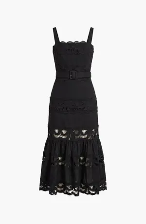 MODENAIRE Belted Lace Inset Midi Dress With Square Neck And Tie Skirt - Black