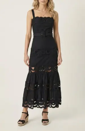 MODENAIRE Belted Lace Inset Midi Dress With Square Neck And Tie Skirt - Black