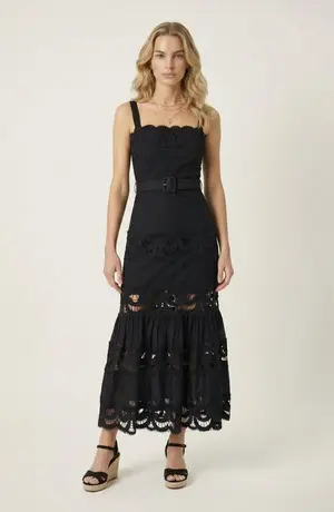 MODENAIRE Belted Lace Inset Midi Dress With Square Neck And Tie Skirt - Black