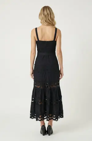 MODENAIRE Belted Lace Inset Midi Dress With Square Neck And Tiered Skirt - Black