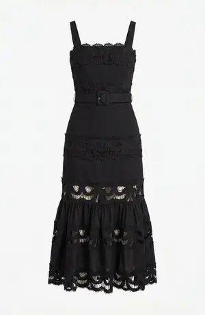 MODENAIRE Belted Lace Inset Midi Dress With Square Neck And Tiered Skirt - Black