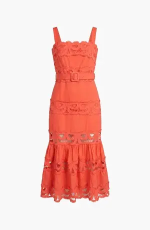 MODENAIRE Belted Lace Inset Midi Dress With Square Neck And Tie Skirt - Red