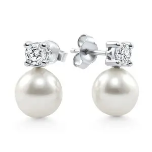 BLISS DIAMOND 40ct Diamond & 8mm Pearl Studs Earrings Lab Grown - Silver