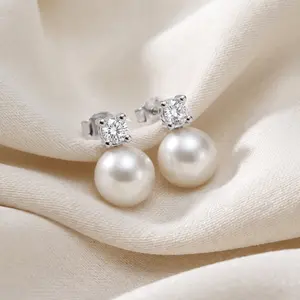 BLISS DIAMOND 40ct Diamond & 8mm Pearl Studs Earrings Lab Grown
