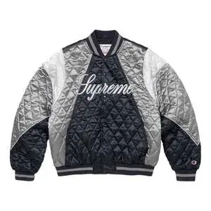 Supreme X Champion Fw26 Quilted Satin Varsity Jacket - Navy