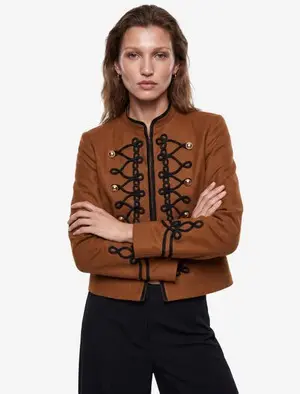 Koton Linen Blend Mandarin Collar Napoleon Jacket With Decorative Braided Trim