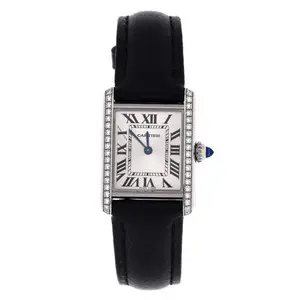 CARTIER Must De Tank Quartz Watch Stainless Steel And Leather With Diamond Bezel 22 - Black