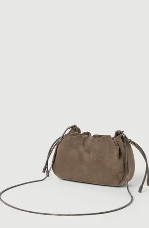 Brunello Cucinelli Mellow Mini Bucket Bag In Suede With Precious Chain