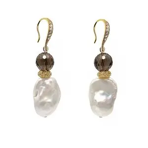 FARRA Classic Style Baroque Pearl With Smoky Quartz Dangle Earrings - Black