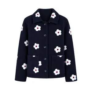 YUMI Navy Embroidered Daisy Fleece Jacket