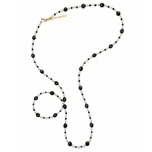 FARRA Romantic Style Oval Obsidian With White Freshwater Pearl Long Necklace - Black