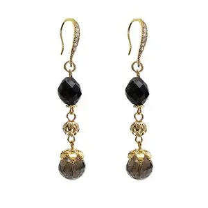 FARRA Obsidian With Smoky Quartz Dangle Earrings