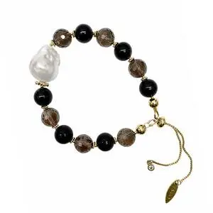 FARRA Obsidian And Smoky Quartz With Baroque Pearl Bracelet - Black