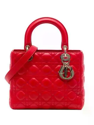 Dior 2018 Medium Lambskin Cannage Lady Satchel - Red