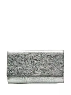 Saint Laurent 2013-2026 Large Textured Metallic Calfskin Monogram Belle De Jour Clutch Bag - Silver