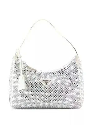 Prada Re-edition 2000 Crystal Embellished Satin Mini Hobo Bag - Silver