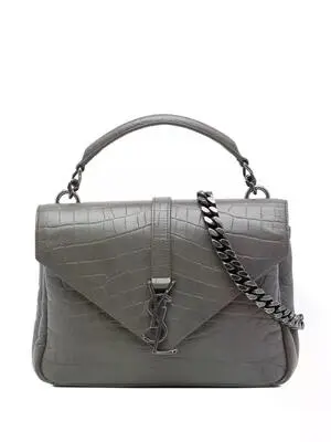 Saint Laurent 2016 Medium Croc Embossed Leather Monogram College Satchel - Grey