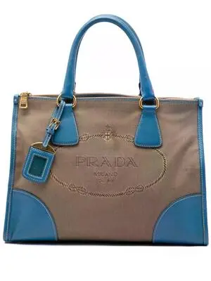 Prada 2013-2026 Saffiano Trimmed Canvas Canapa Logo Double Zip Satchel - Brown