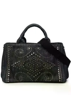 Prada 2010-2026 Denim Canapa Bijoux And Grommet Tote Satchel - Black