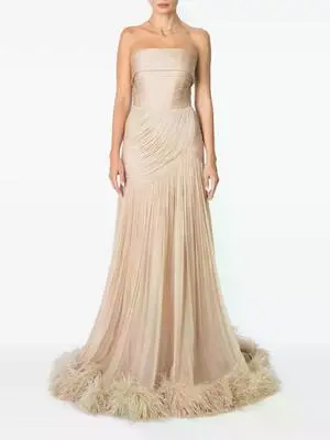 M.MARQUISE Feather-trim Ruched Maxi Dress