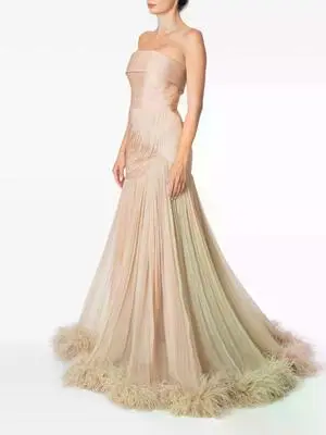 M.MARQUISE Feather-trim Ruched Maxi Dress