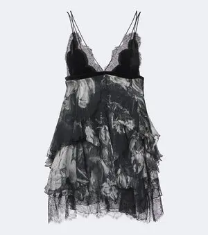 Roberto Cavalli Lace-trimmed Printed Silk Mini Dress - Black