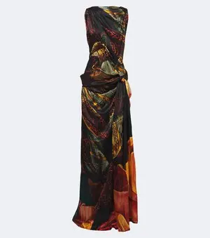 Dries Van Noten Printed Draped Silk Satin Gown