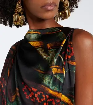 Dries Van Noten Printed Draped Silk Satin Gown