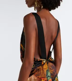 Dries Van Noten Printed Draped Silk Satin Gown