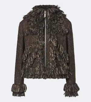 Sacai Fringed Wool-blend Tweed Jacket - Brown