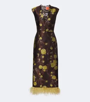 La DoubleJ Devon Feather-trimmed Jacquard Midi Dress Multicoloured