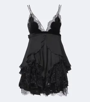 Roberto Cavalli Lace-trimmed Ruffled Silk Minidress - Black