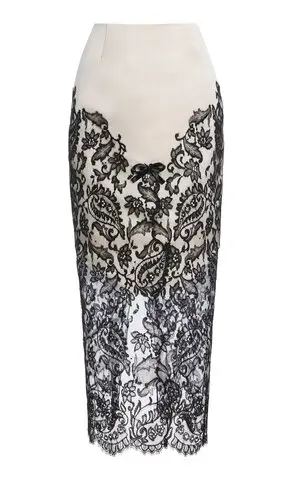 WIEDERHOEFT Exclusive Beaded Lace-detailed Silk-satin Midi Skirt - Ivory