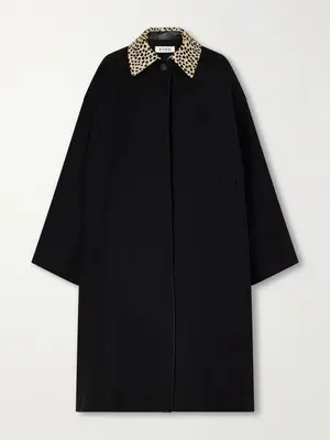 RÓHE Cheetah Leopard-print Calf Hair-trimmed Virgin Wool Twill Coat - Black