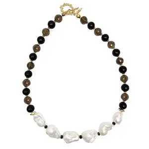 FARRA Quartz And Obsidian With Baroque Pearl Statement Necklace