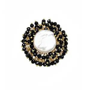 FARRA Romantic Style Freshwater Pearl With Obsidian Cocktail Ring