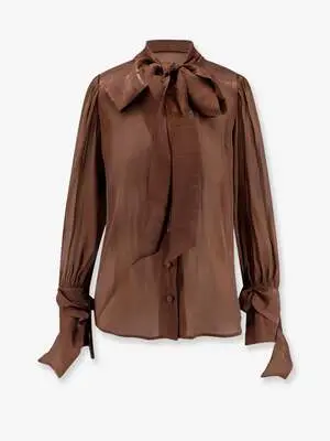 ACTUALEE Satin Shirt With Padded Shoulders - Brown