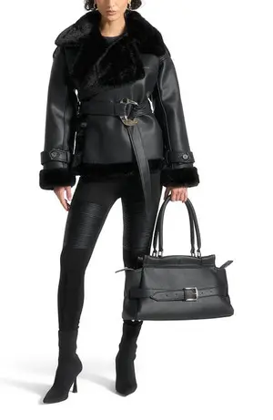 Manière De Voir Charlene Leather And Plush Wrap Belted Jacket