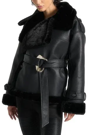 Manière De Voir Charlene Leather And Plush Wrap Belted Jacket