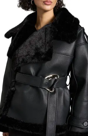 Manière De Voir Charlene Leather And Plush Wrap Belted Jacket