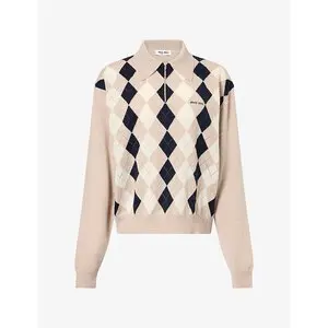 Miu Miu Argyle Long-sleeve Cashmere Polo Top - Beige