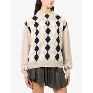 Miu Miu Argyle Long-sleeve Cashmere Polo Top