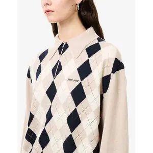Miu Miu Argyle Long-sleeve Cashmere Polo Top