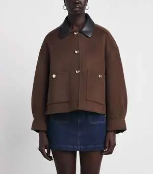 Maje Wool-blend Leather-collar Jacket