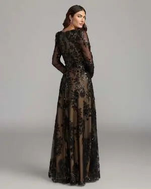 Mac Duggal Nude Embroidered Long Sleeve V-neck Gown